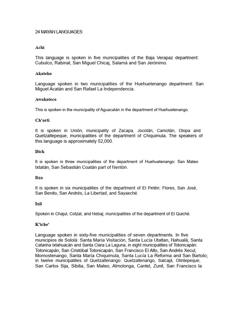 24 Mayan Languages | PDF | Maya Civilization | Central America