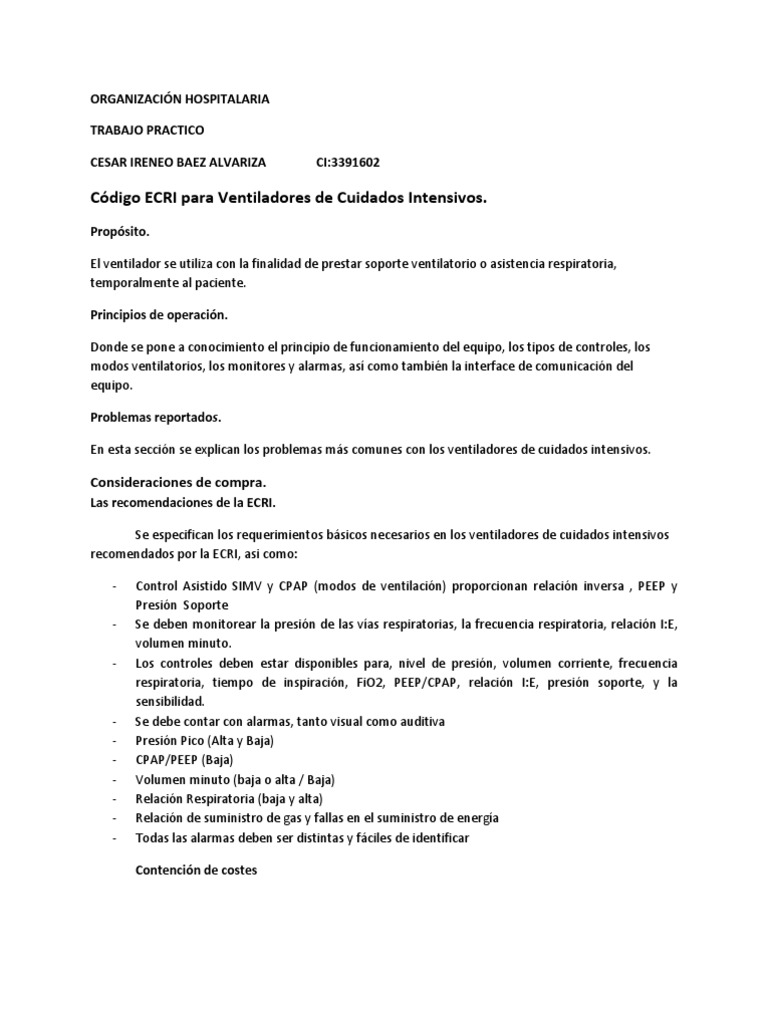 Código ECRI para Ventiladores de Cuidados Intensivos | PDF | Medicina ...