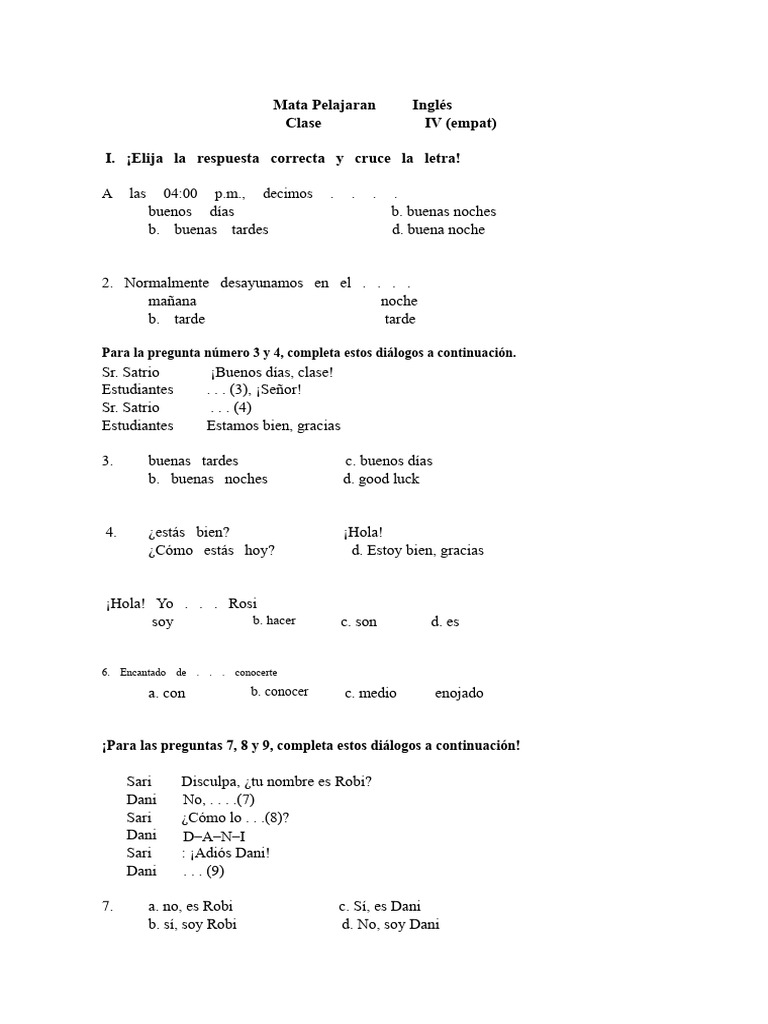 Pregunta B. Inglés de Cuarto Grado | PDF