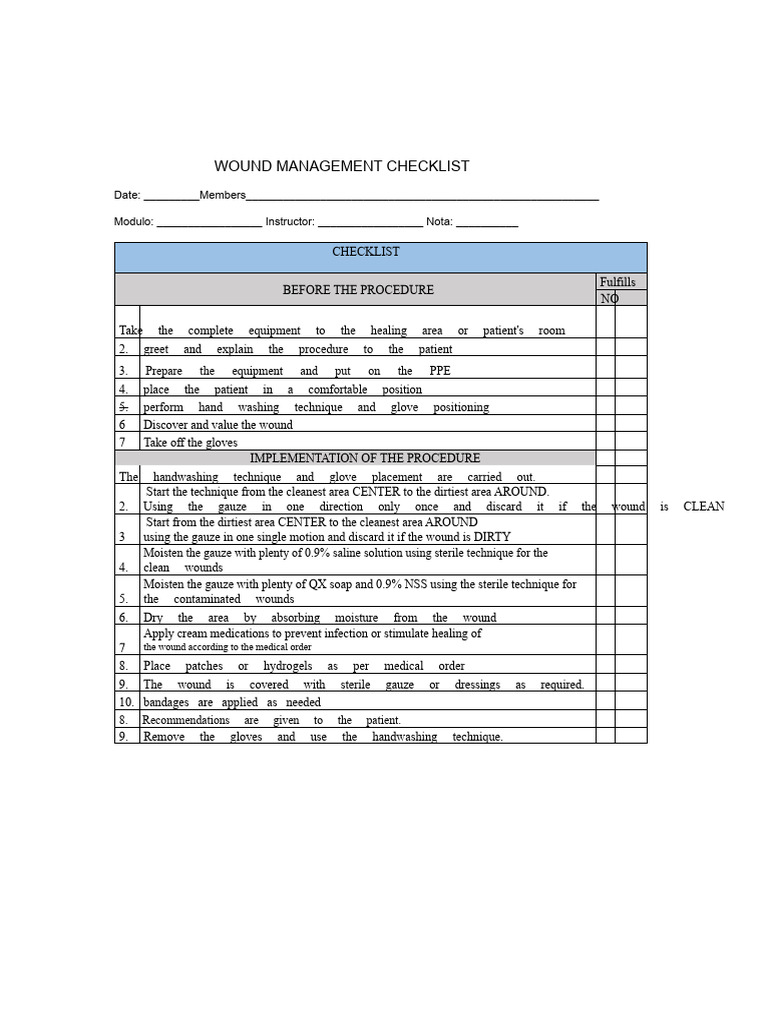 Wound Management Procedure Checklist | PDF | Wound | Health Sciences