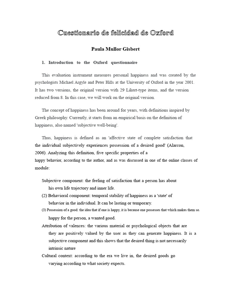 Oxford Happiness Questionnaire Overview | PDF | Happiness | Well Being