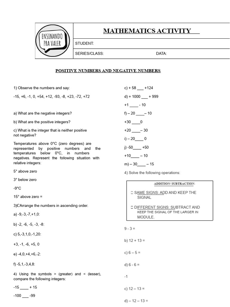 7th Year - Exercise - Positive and Negative Numbers - List - New Model ...