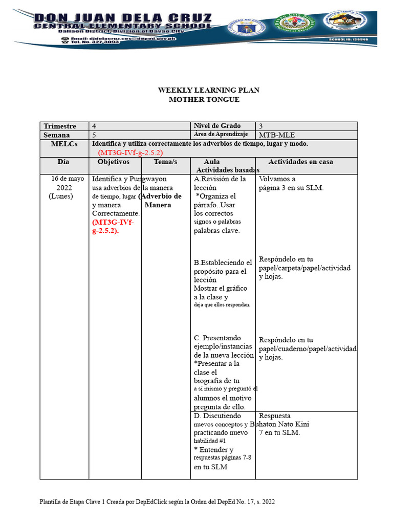 Weekly Learning Plan Mother Tongue: (Mt3G-Ivf-G-2.5.2) | PDF ...