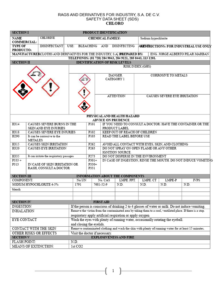 Safety Data Sheet Chlorine | PDF | Chlorine | Bleach
