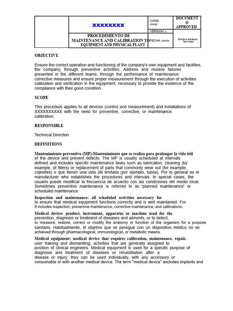 Maintenance and Calibration Procedure For Equipment and Physical Plant ...