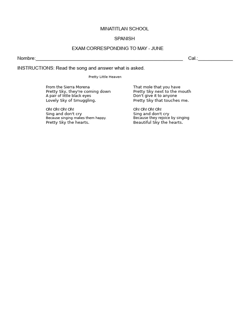 Example. First grade Primary exam | PDF
