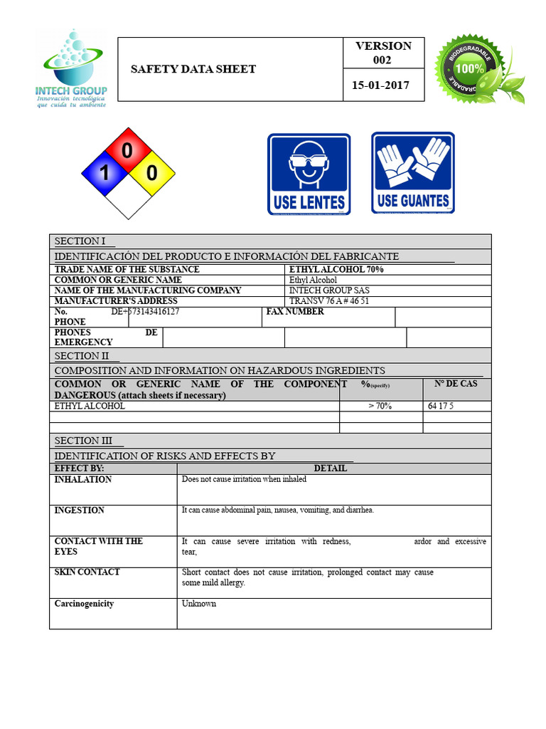 MSDS Ethyl Alcohol 70% | PDF | Personal Protective Equipment | Water