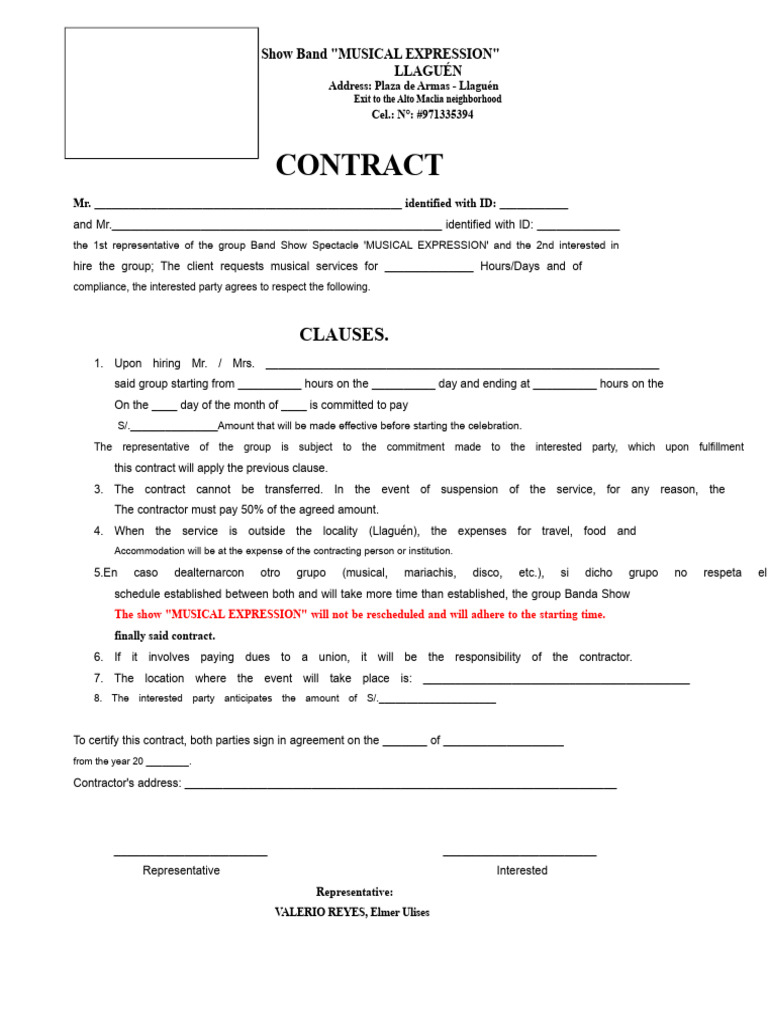 Music Band Contract Sheet | PDF