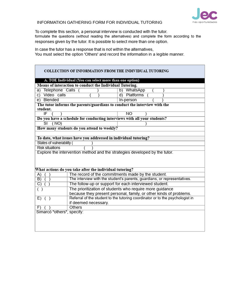 Individual Tutoring Information Form | PDF