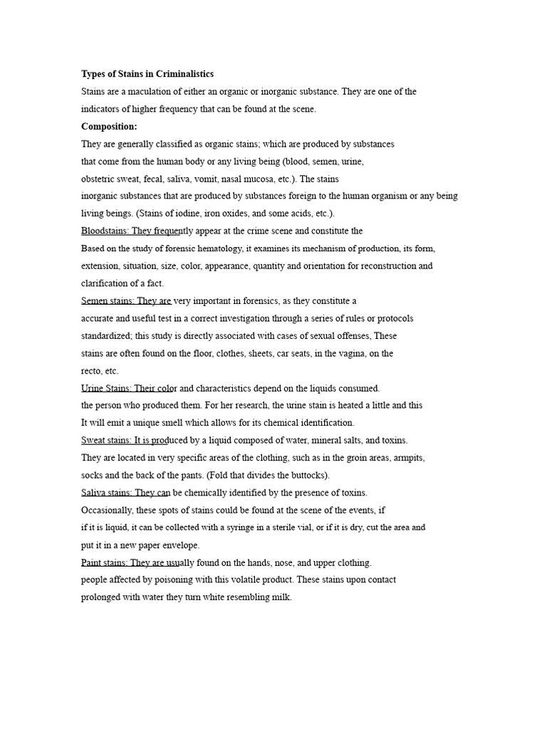 Types of Stains in Criminalistics | PDF | Forensic Science | Blood