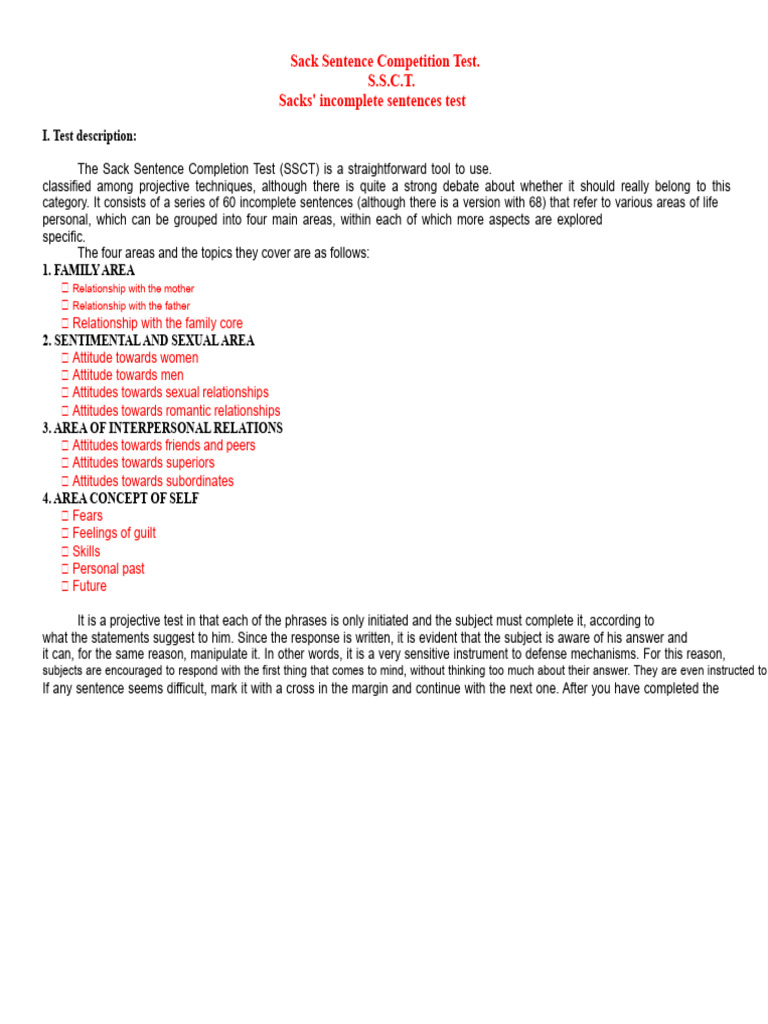 Sack Sentence Completion Test Overview | PDF | Psychological Concepts ...
