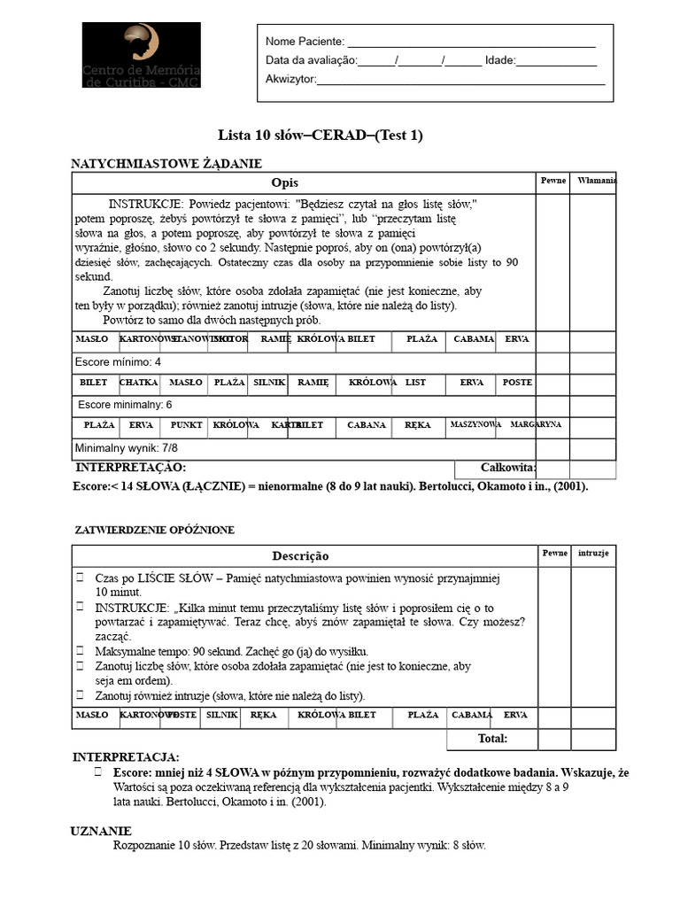 Lista Słów CERAD 1 | PDF
