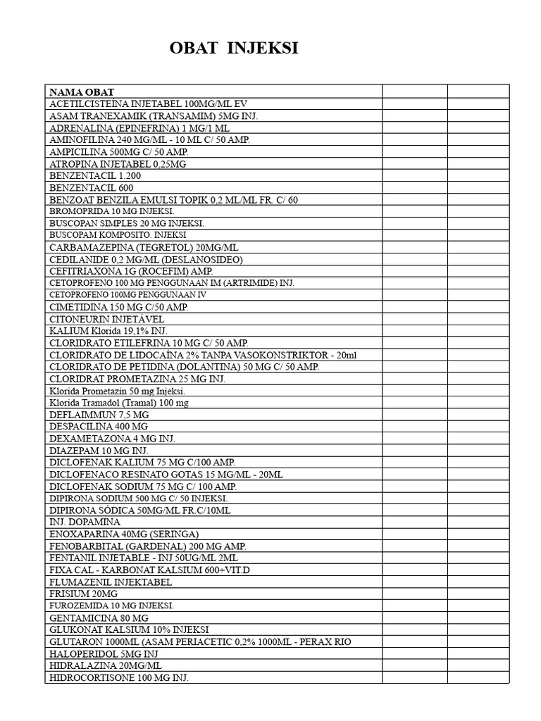 Daftar Obat Injeksi Lengkap dan Dosis | PDF