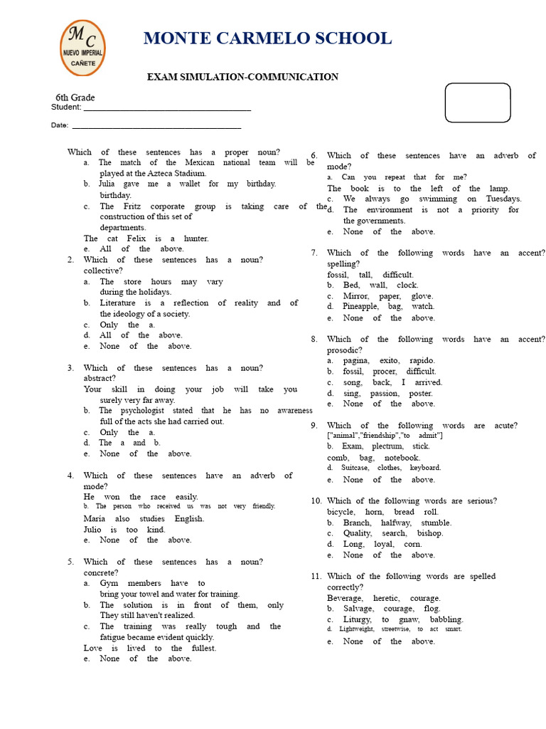 6TH Grade Communication Exam Simulation | PDF | Poetry | Noun