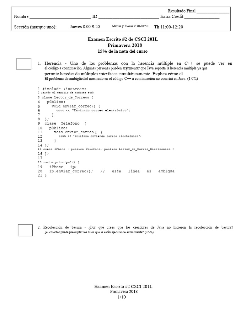 Examen Final Escrito Primavera 2018 | PDF | Java (lenguaje de ...