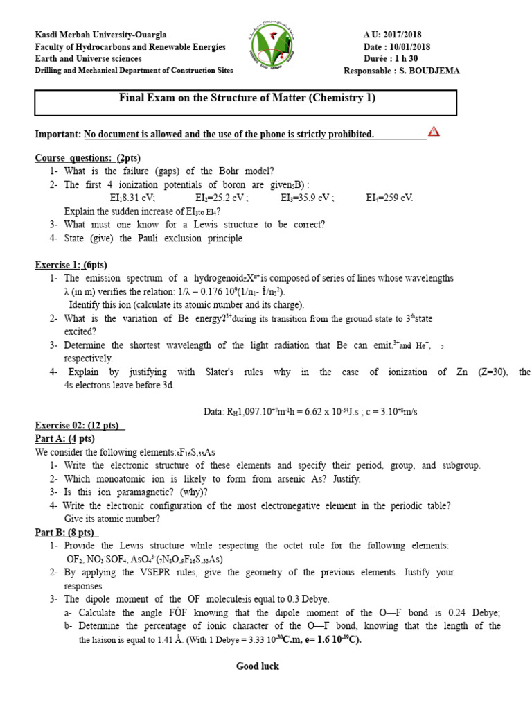 Final Exam-Chemistry 1 | PDF | Chemical Bond | Chemical Polarity