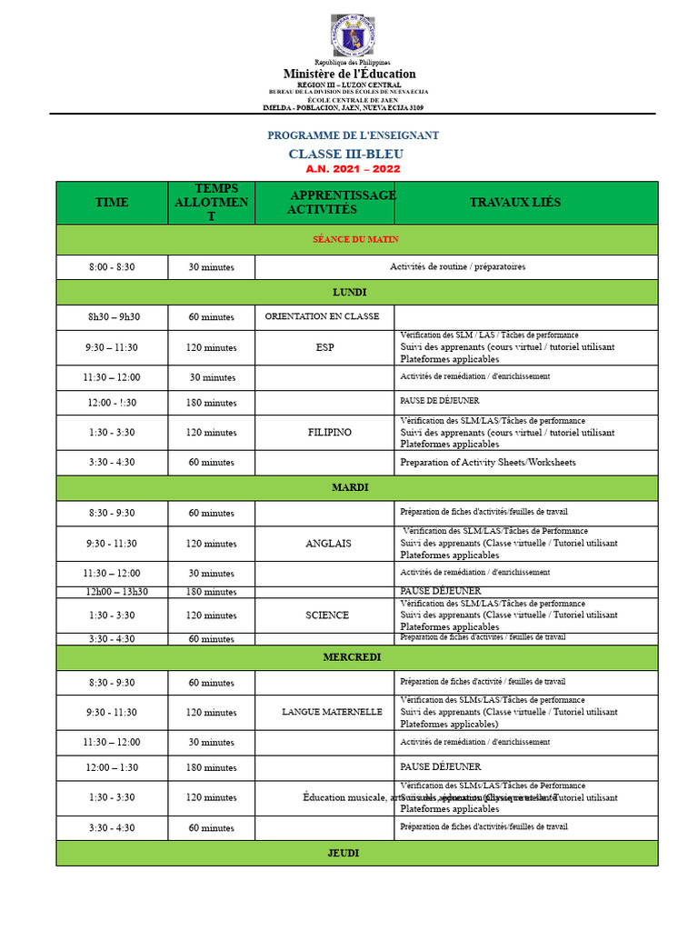 Programme Scolaire Classe III-Bleu 2021-2022 | PDF