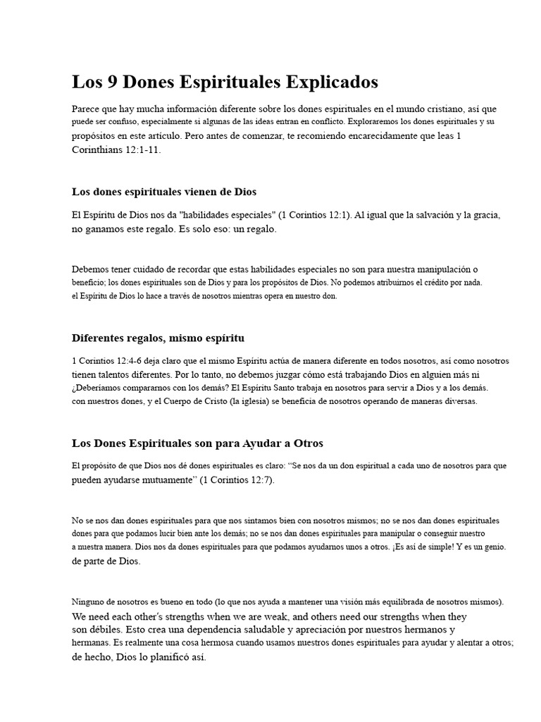 9 Dones Espirituales en 1 Corintios 12 | PDF | Don espiritual | Primera ...