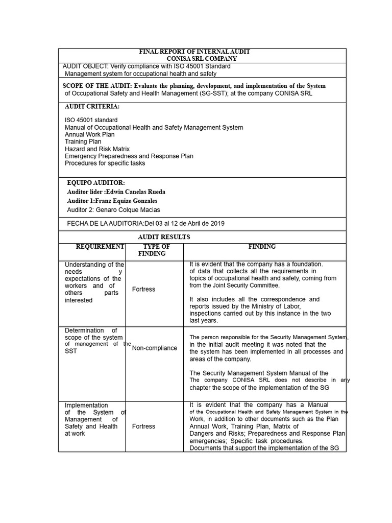 Example Final Audit Report | PDF | Audit | Occupational Safety And Health