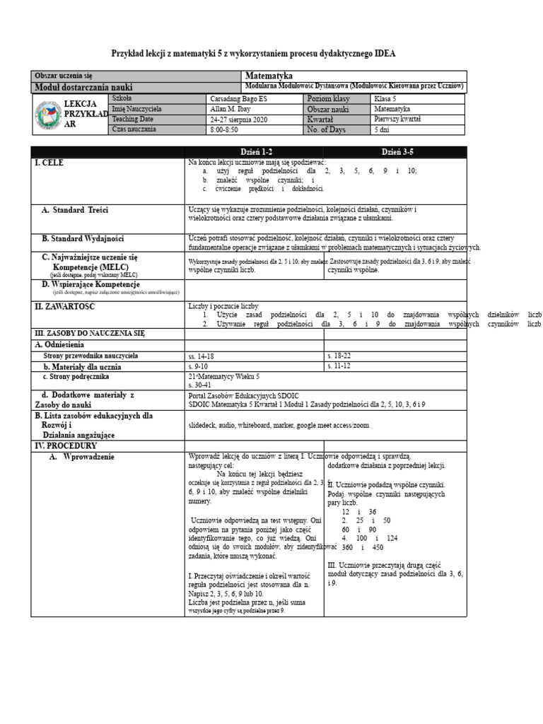 Imus City Math 5 Lesson Exemplar IDEA - V2edytowany 1 | PDF
