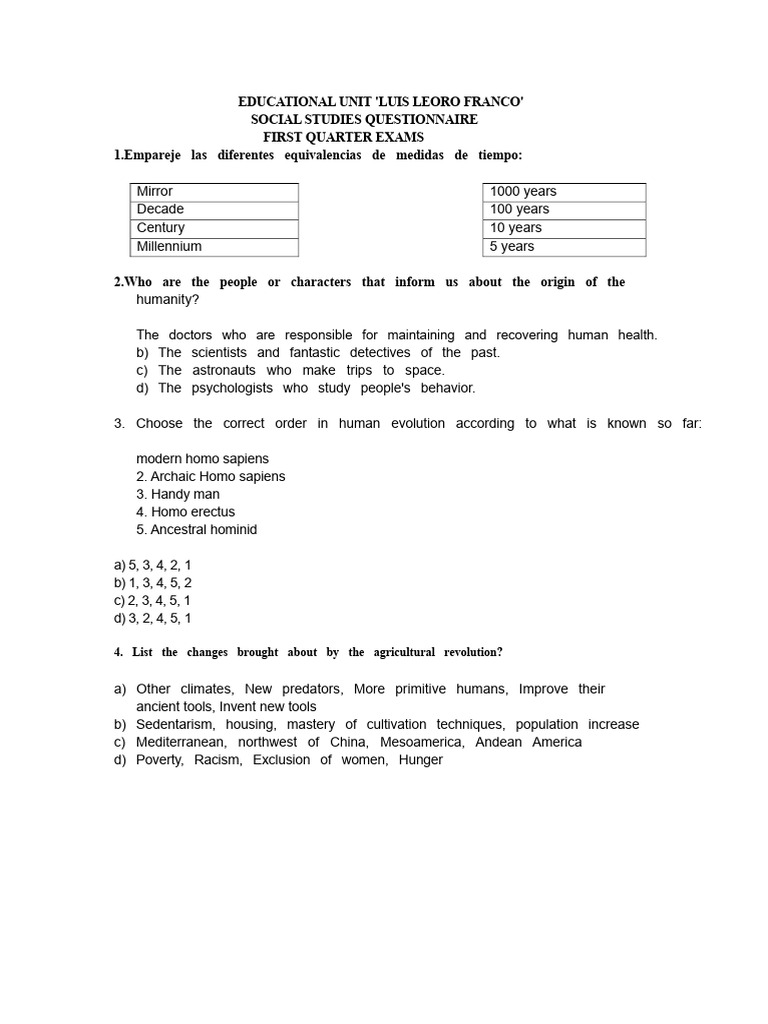 Social Studies Questionnaire Exam First Semester | PDF | Homo | Human ...