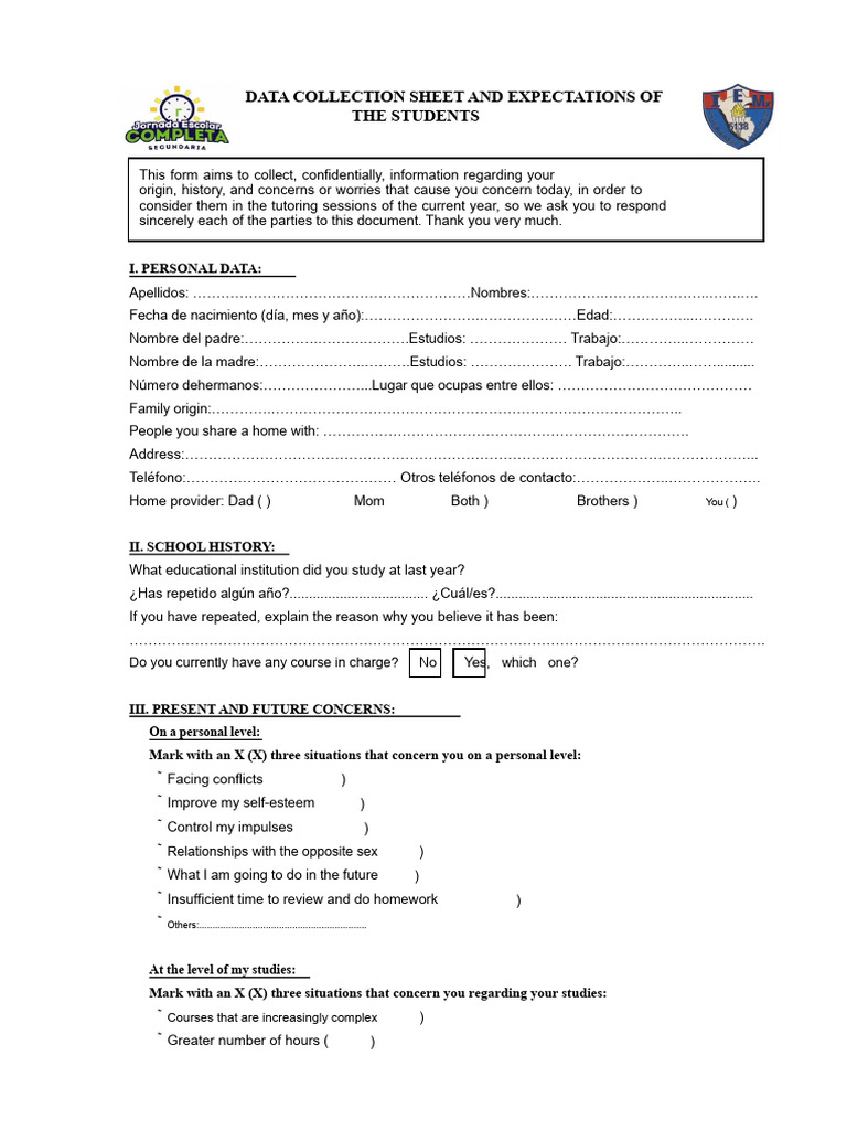 Data Collection and Expectations Sheet For Students | PDF | Aggression ...