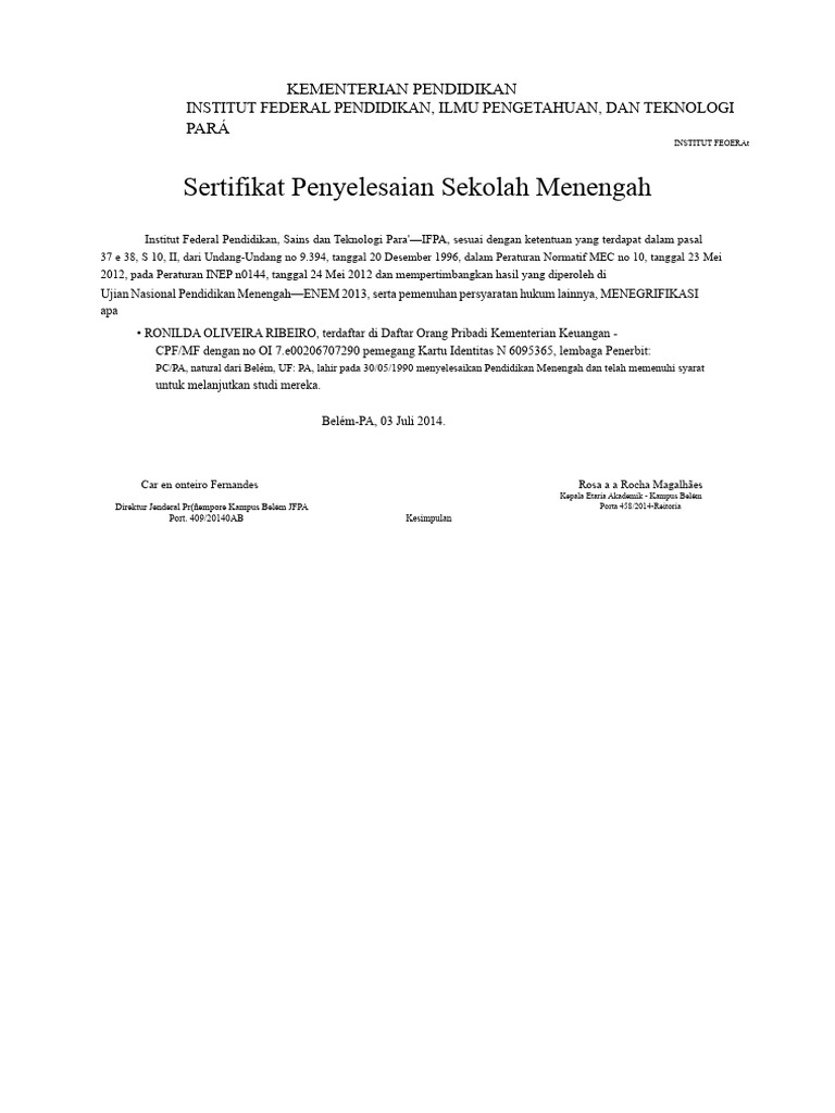 Sertifikat Lulus Sekolah Menengah IFPA | PDF