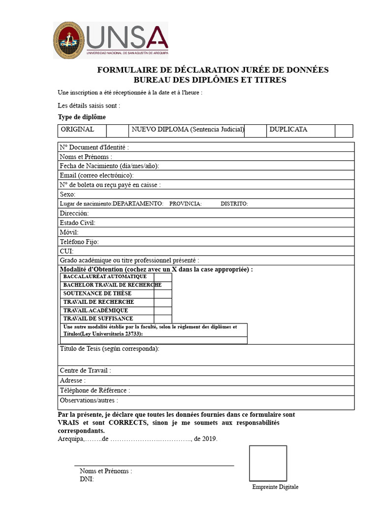 Formulaire de Déclaration Jurée de Diplôme | PDF