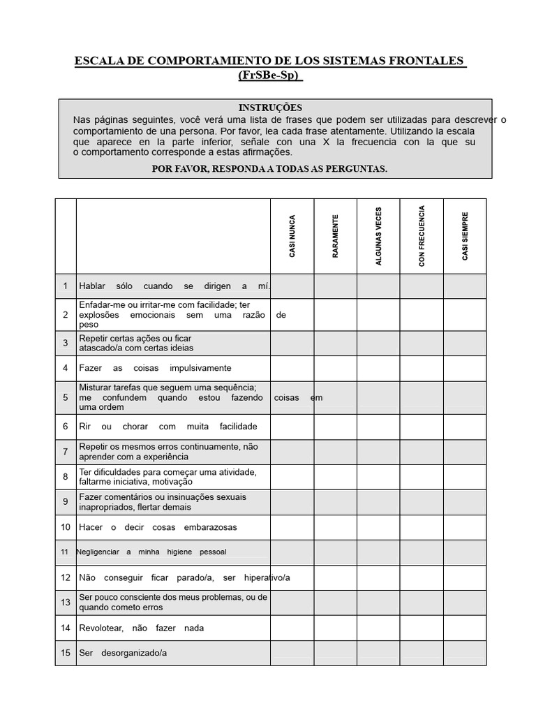 Escala Comportamental de Sistemas Frontais (FRSBE) | PDF