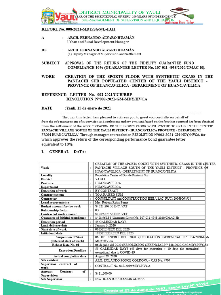 REPORT No. 008 ON THE RETURN OF THE SURETY LETTER FROM PANTACHI SUR | PDF