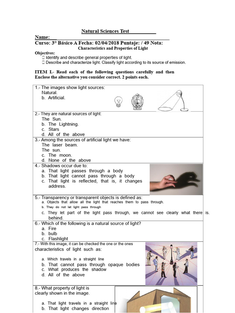 Natural Sciences Test LIGHT | PDF | Light | Electromagnetic Radiation