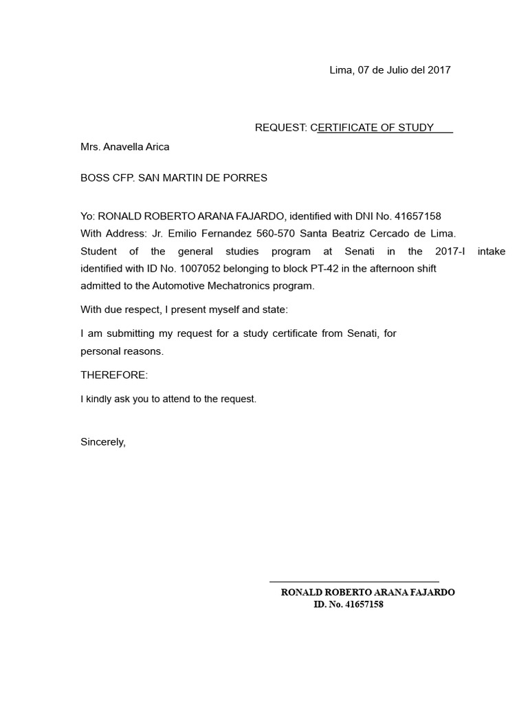 REQUEST For Certificate of Studies | PDF