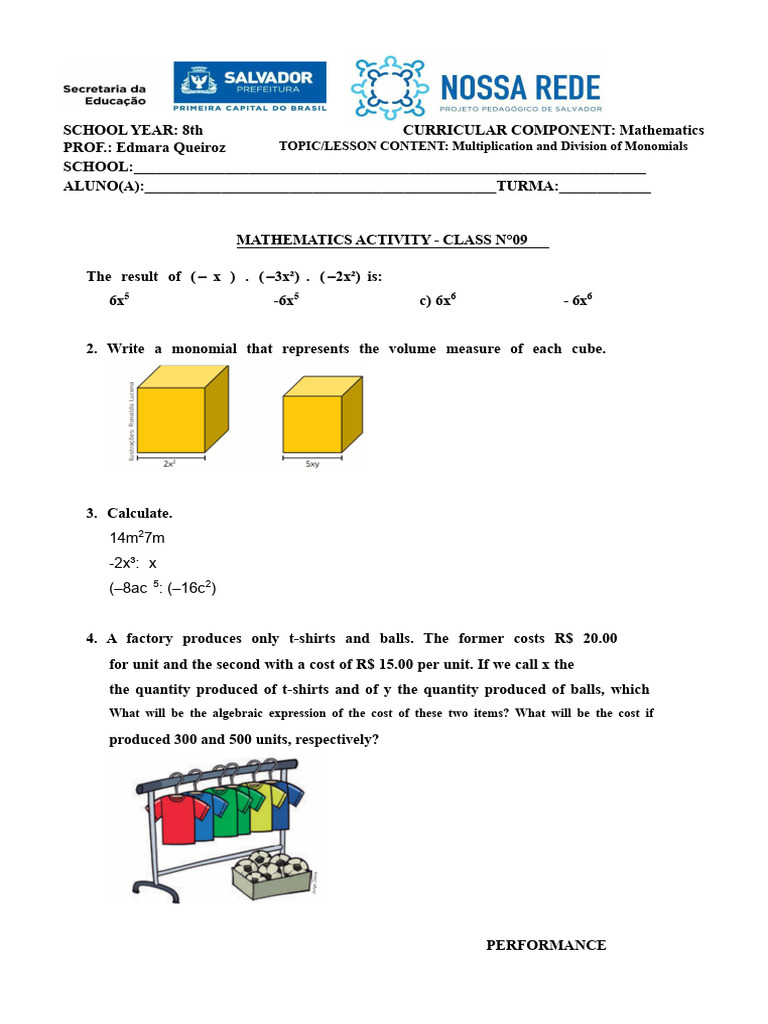 Activity 09 - Multiplication and Division of Monomials (2) | PDF