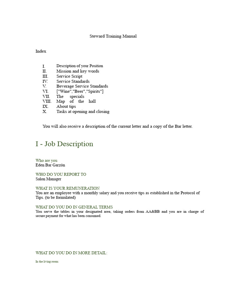 Steward Training Manual Overview | PDF | Waiting Staff | Tableware