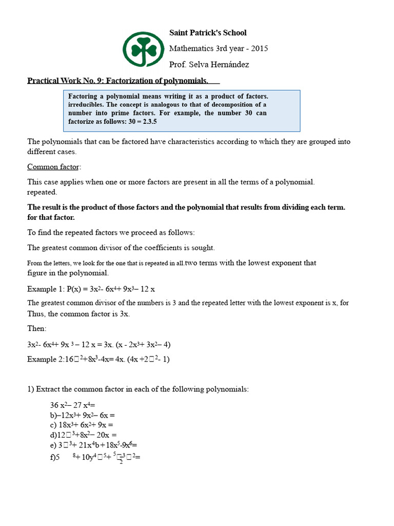 Practical Work No. 9 - Factorization (1).pdf | PDF | Factorization | Polynomial
