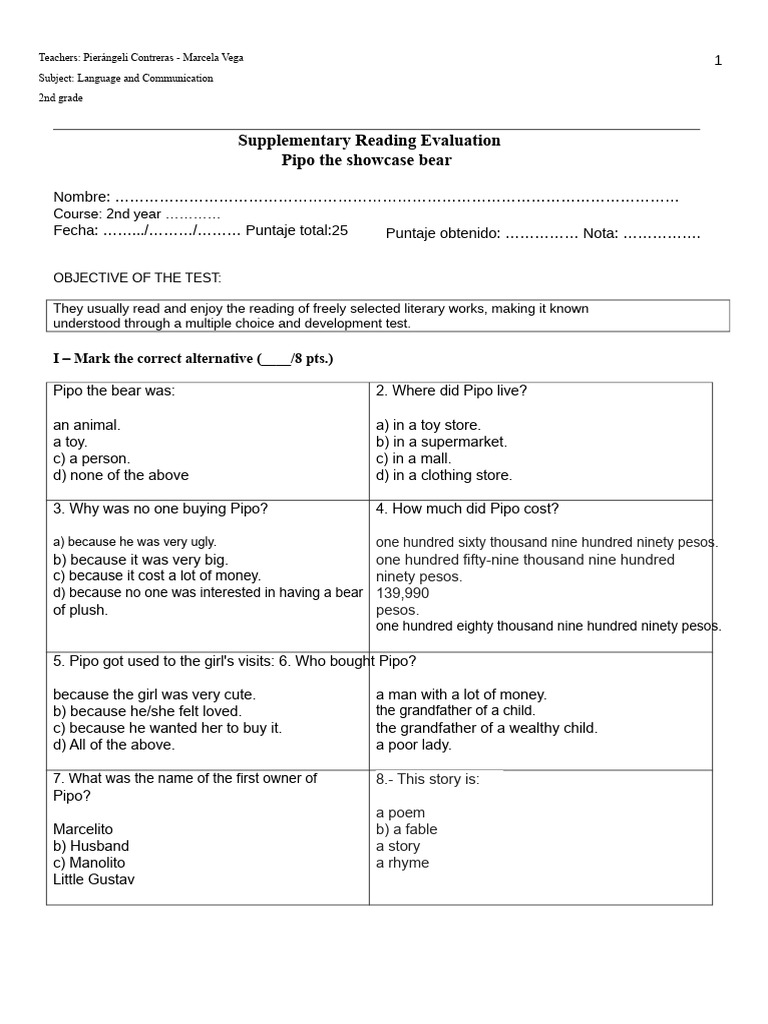 Test Pipo The Bear From The Showcase 2nd Grade | PDF | Multiple Choice