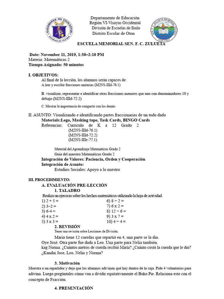 plan de lección en Matemáticas2 Fracción.docx | PDF | Aprendizaje