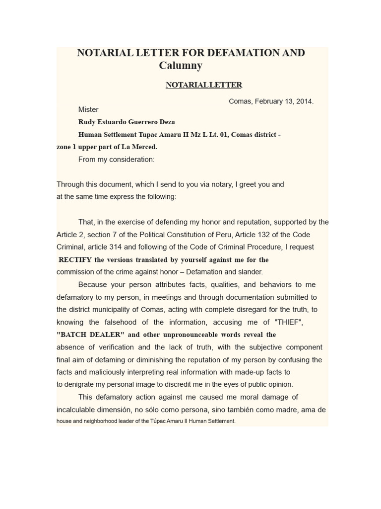 Notarial Letter For Defamation and Slander | PDF | Defamation | Public Law