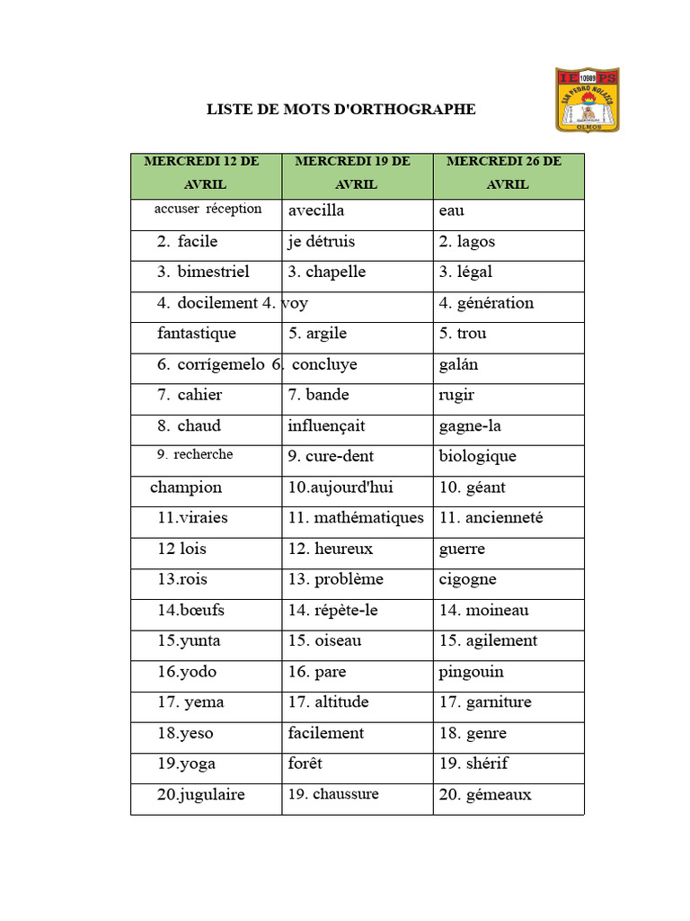 Liste de mots d'orthographe avril | PDF