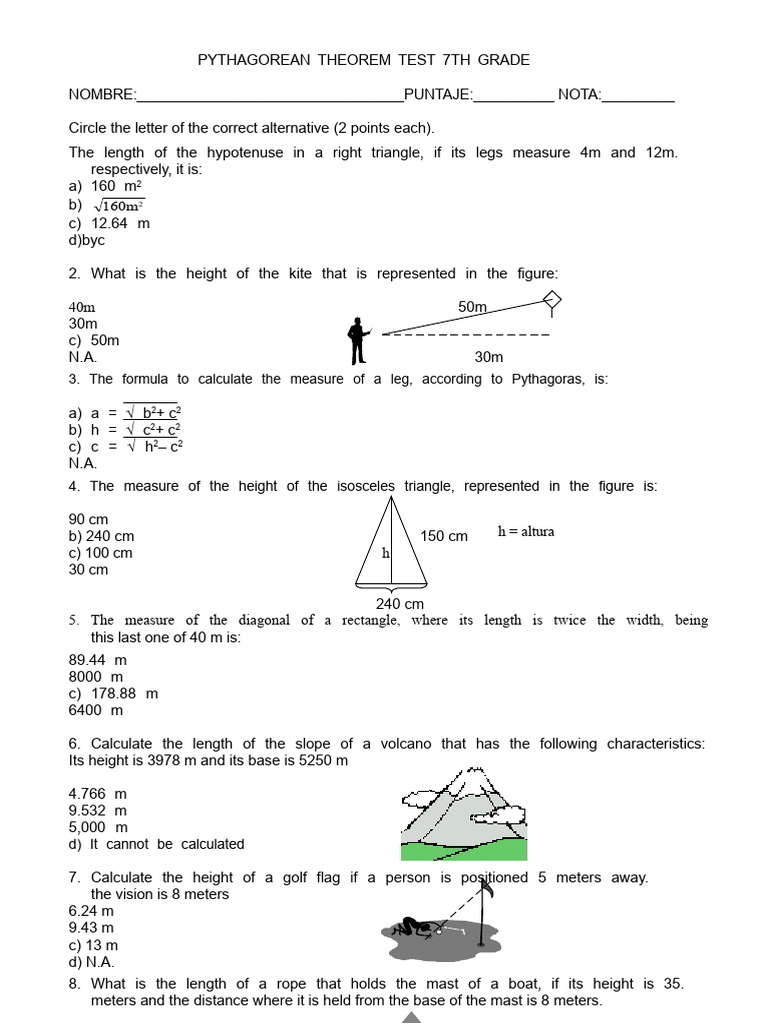 Pythagorean Test 7th Grade | PDF | Triangle | Geometry