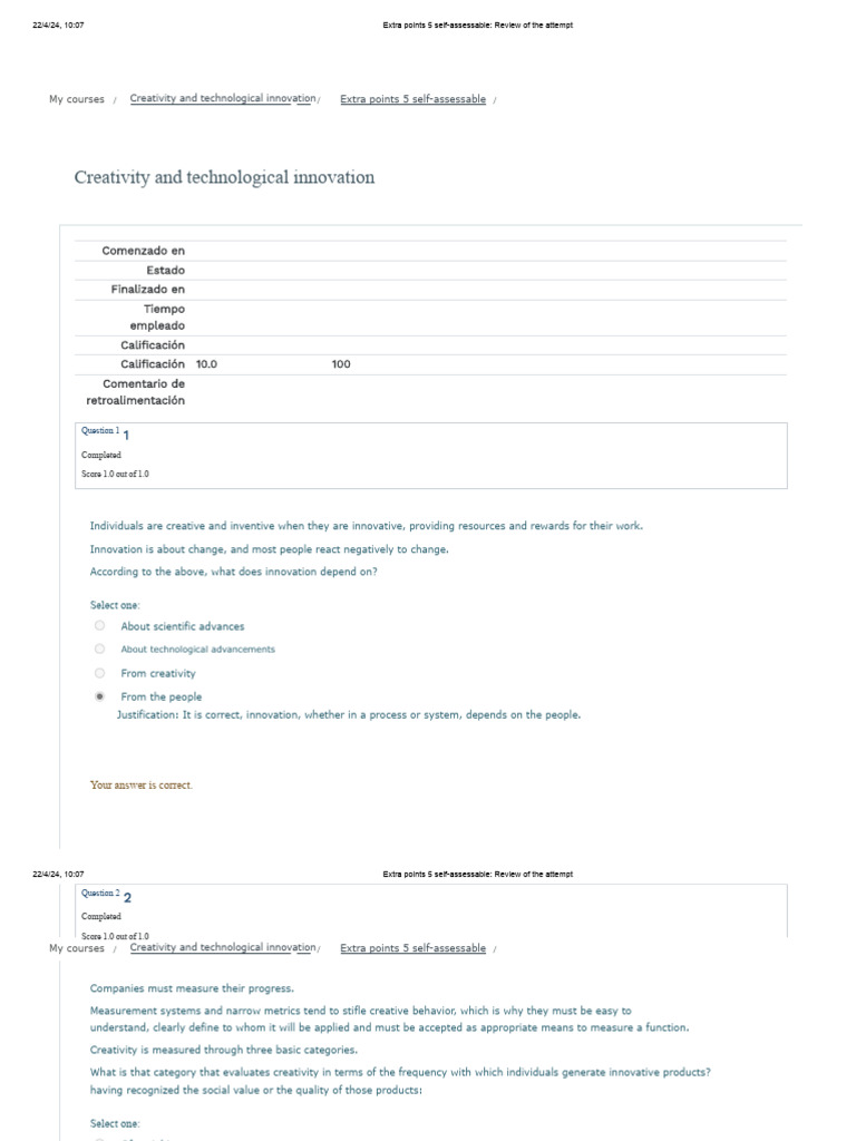 Creativity and Technological Innovation Extra Points 5 Self-Assessable ...