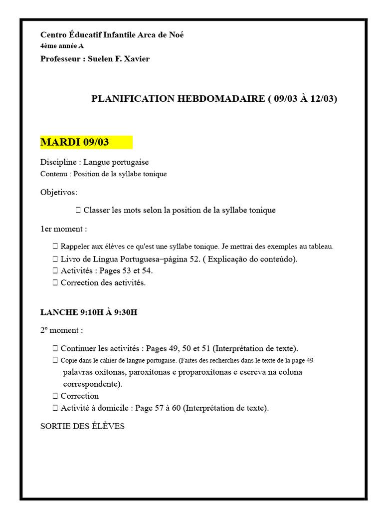 Planification Hebdomadaire 4ème Année A | PDF | Linguistique