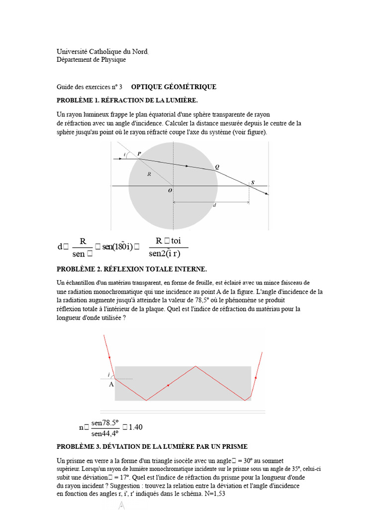 Exercices d'Optique Géométrique | PDF | Réfraction | Lumière