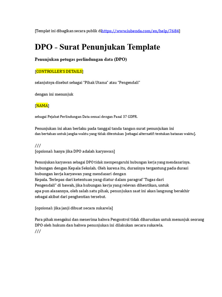 Surat Penunjukan DPO - Template | PDF