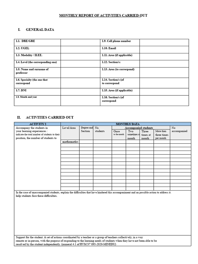 Monthly Report of The Activities Carried Out - Word Format | PDF ...