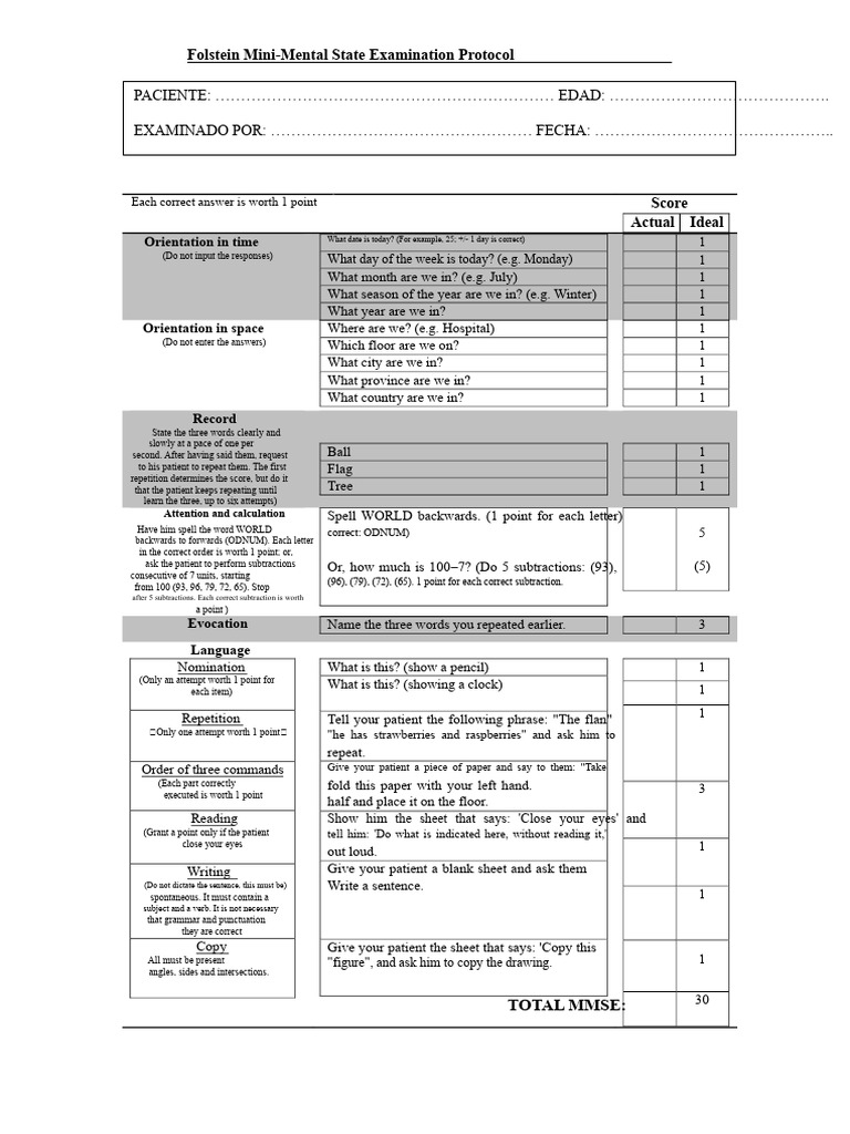 Protocol of The Minimum Examination of Folstein's Mental State | PDF ...
