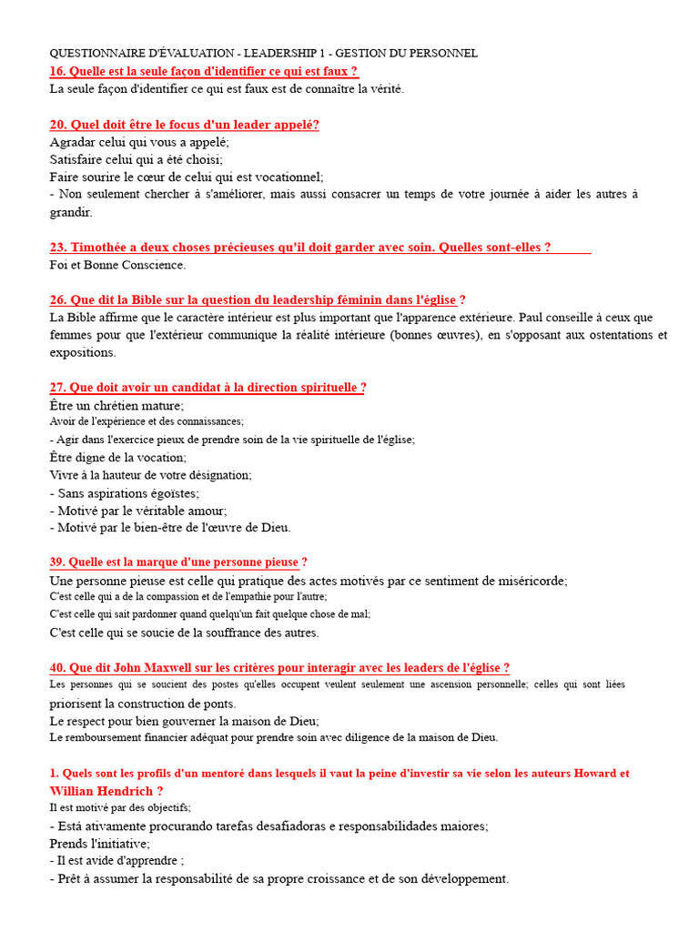 Évaluation du Leadership et Administration Église | PDF | Église ...