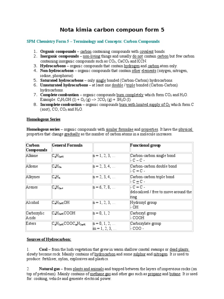 Nota Kimia Carbon Compoun Form 5 | PDF | Fat | Alkane