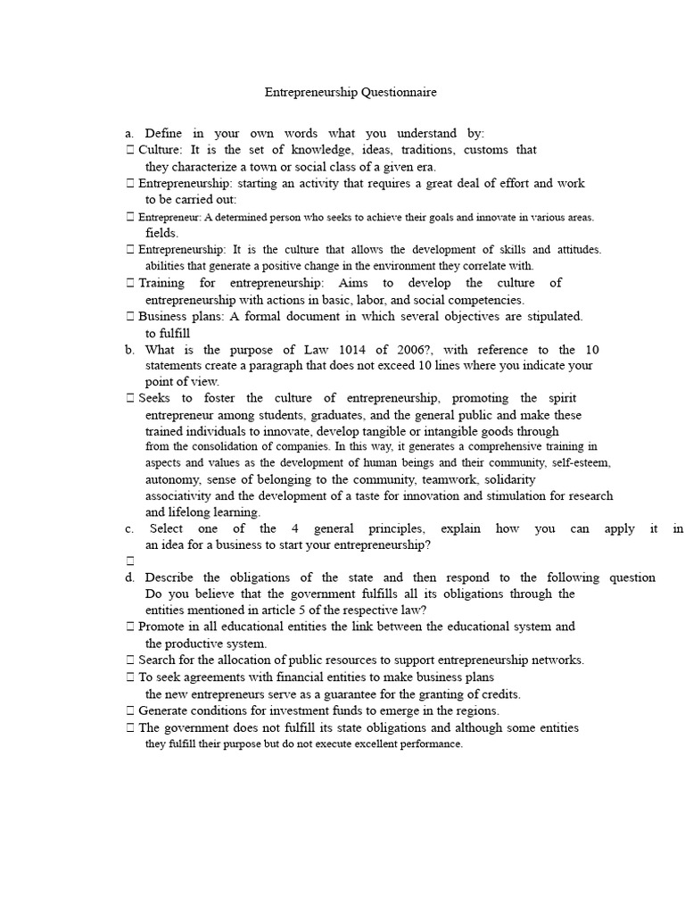 Entrepreneurship Questionnaire | PDF | Entrepreneurship | Economies