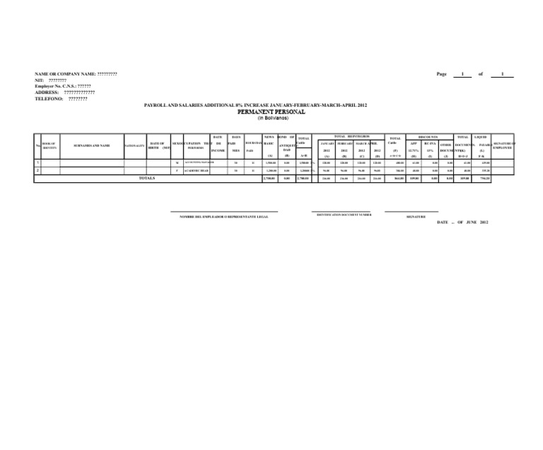 Retroactive Form Model 2.012 Bolivia | PDF | Payroll | Salary